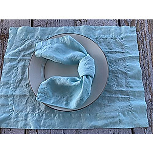 Eight Owls Stonewashed Linen Placemats – 15” x 20”– Set of 4-100% Pure Linen Cloth - Mitered Corners – 2" Hem – Coast (Aqua Lagoon)