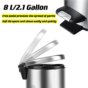 8 L /2.1 Gallon Round Trash Can with Step Pedal, Kitchen Trash Bin with Lid Dual Removable Liners Stainless Steel Garbage Can for Office Bathroom (Silver)