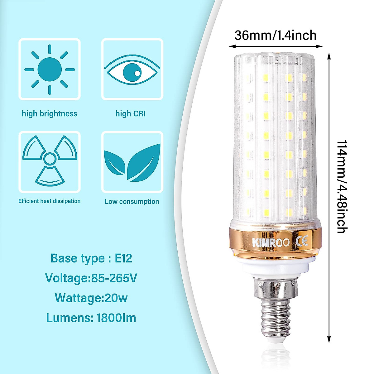 KIMROO E12 LED Bulbs 20W Candelabra LED Bulbs(4-Pack)-88 LEDs 2835 SMD 180W Equivalent,6000K Daylight White 1800lm Decorative Candle E12 Corn Chandelier Bulbs,Non-Dimmable(White)