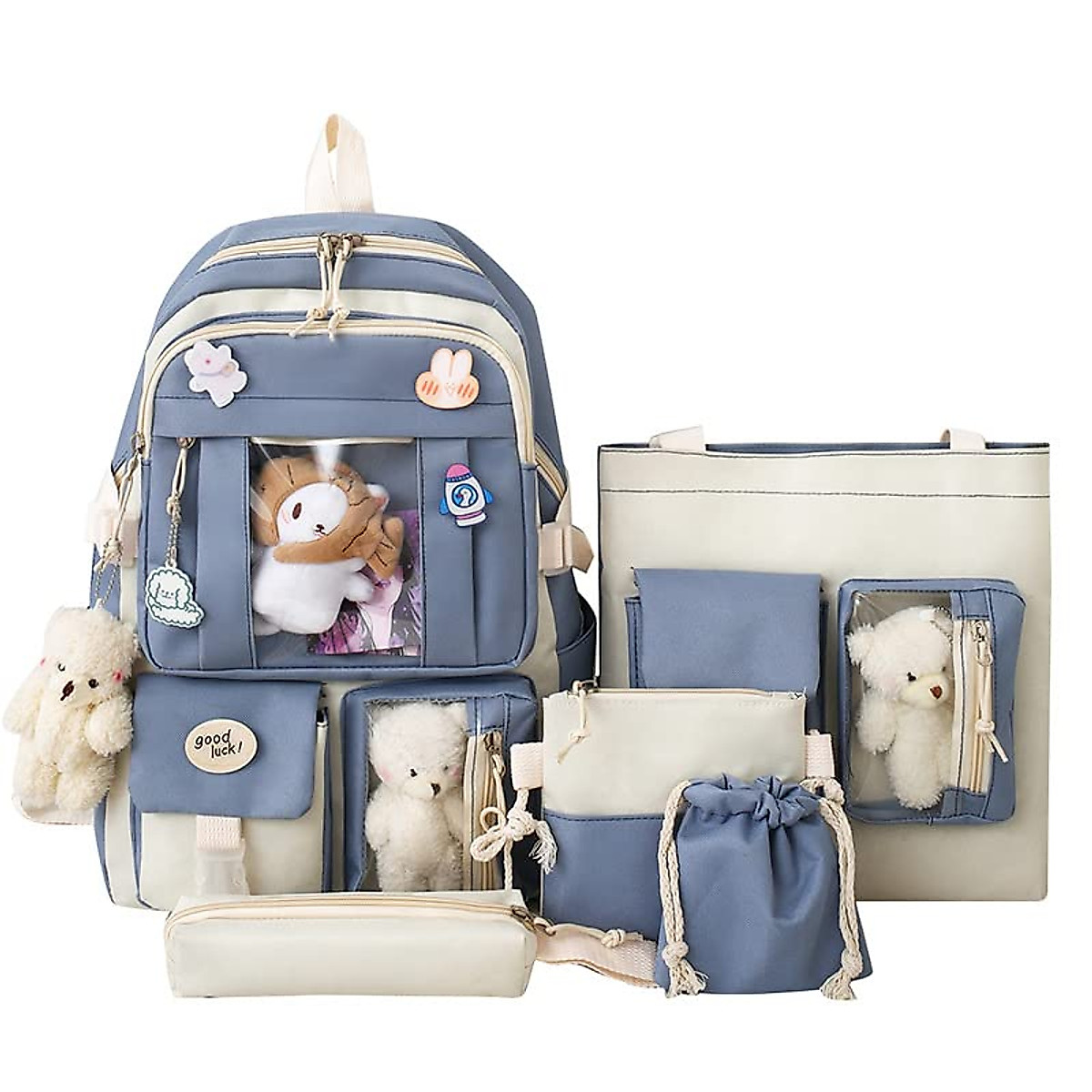 MWZING kawaii Backpack 5 Piece Backpack Set with handbag Pencil Box Small Cell Phone Purse Receive Bag with Pendant Pins Blue