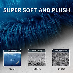 Faux Fur Rug for Bedroom, Fluffy Runner Rugs Soft Sheepskin Rug Sofa Couch Seat Cushion, 2x6ft Dark Blue Plush Area Rug Shag Rugs Floor Carpets for Nursery Bedside, Cute Shaggy Fuzzy Home Decor