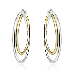 Sterling Silver Two-Tone Double Circle Round-Tube Polished Hoop Earrings, 30mm