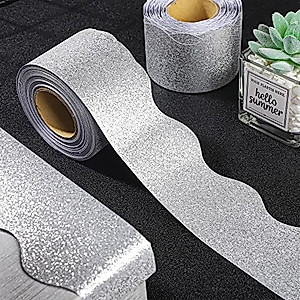 131Ft Silver Glitter Bulletin Board Borders Silver Scalloped Bulletin Board Trims Shiny Decorative Border Trims Sparkle Self-Adhesive Bulletin Stickers for Classroom School Home Office Blackboard Desk