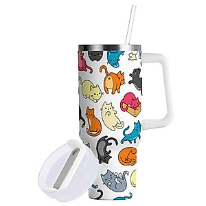 MCHIVER Cats White 40 oz Tumbler with Handle and Straw Stainless Steel Vacuum Water Bottle Leak-proof Travel Coffee Mug Thermos Water Bottle for Hot Cold Beverages