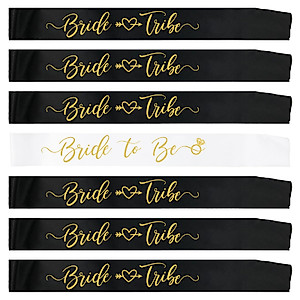 SKJIAYEE 7Pcs Bachelorette Sash Set-White Gold Bride to be Sash and 6Pcs Black Gold Bride Tribe Sash for Hen Party and Bridal Shower Party Supplies-Wedding Engagement Party Accessories Favors Gift