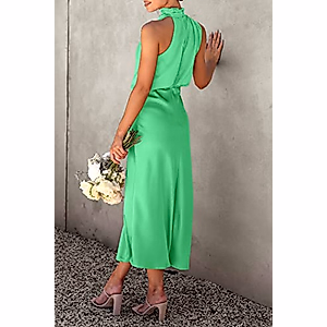PRETTYGARDEN Women's 2023 Summer Satin Dress Elegant Sleeveless Mock Neck Cocktail Party Maxi Dresses (Grass Green,Small)