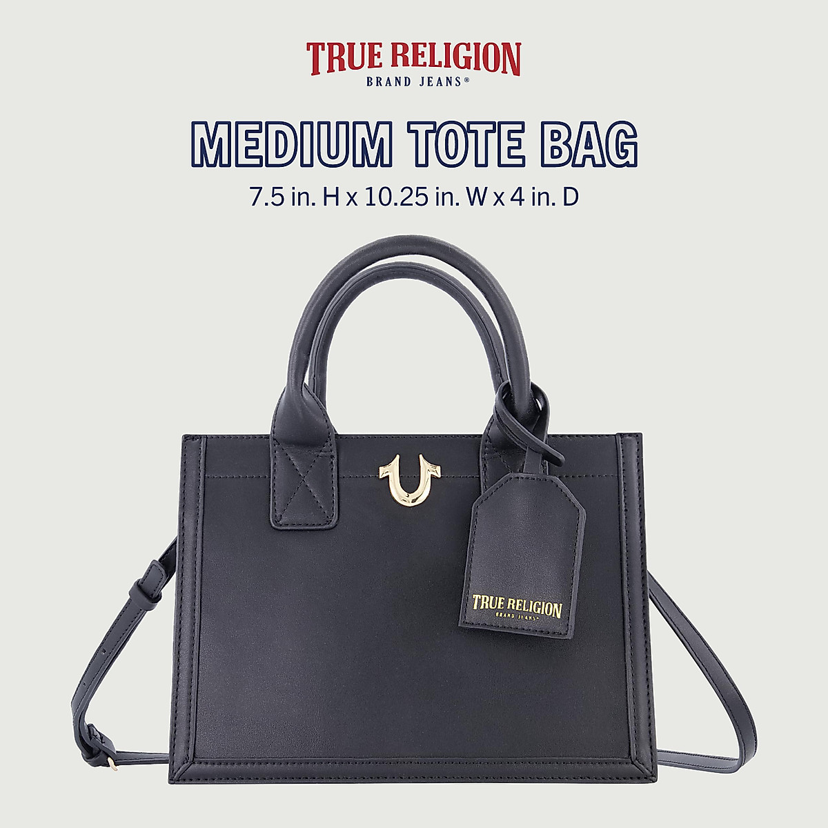 True Religion Tote, Women's Medium Travel Bag with Adjustable Strap and Horseshoe Logo, Black