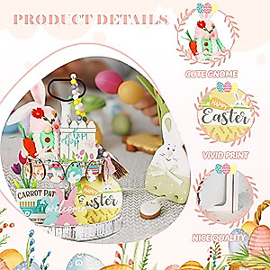 17PCS Easter Tiered Tray Decor Bunny Gnome DIY Wooden Signs Decor With Cute Beads For Home House Room Table Shelf Easter Decorations (Easter)