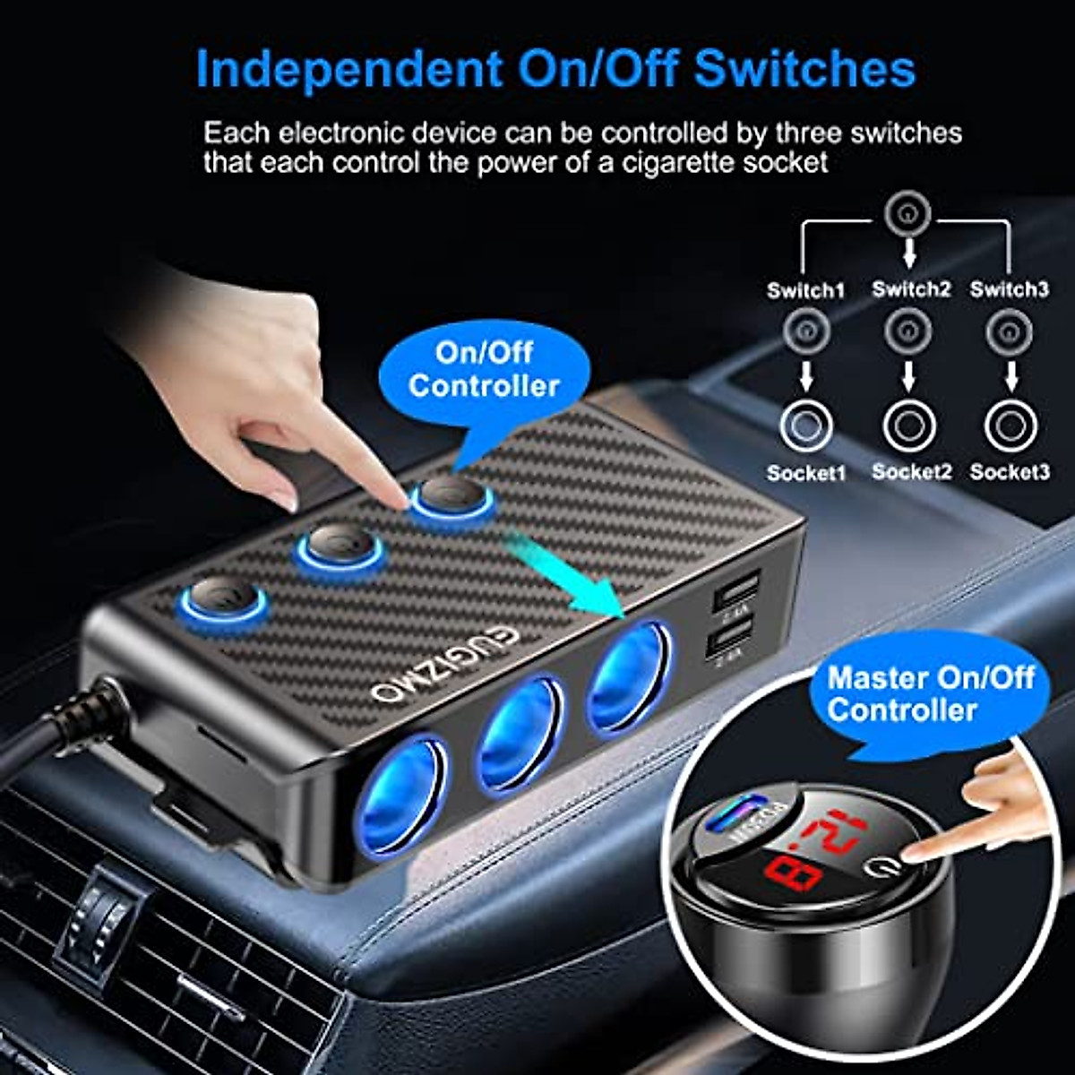 Car Cigarette Lighter Adapter, Dual USB C PD30W 3-sockets car Cigarette Splitter & QC 3.0 Fast car Charger for 12V/24V Vehicles, 222W LED Indicator & Independent Switches for GPS/Dash Cam/Phone
