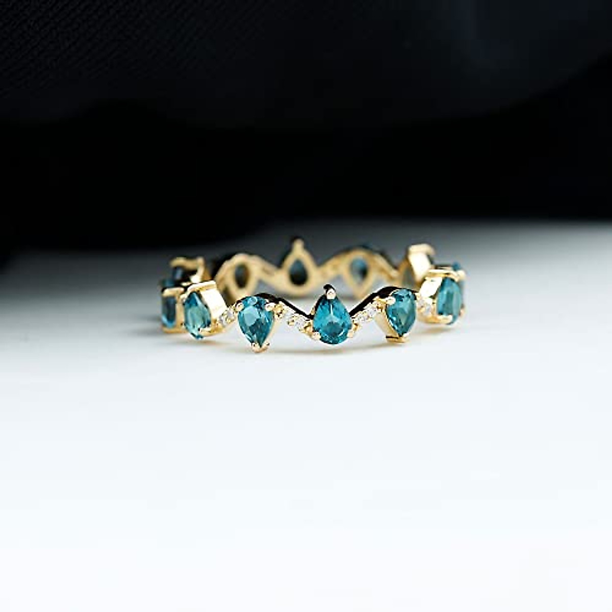 Rosec Jewels Real London Blue Topaz Eternity Ring, Stackable Wedding Anniversary Jewelry for Women, Aaa Quality, 14K Yellow Gold, Size:US 9.00