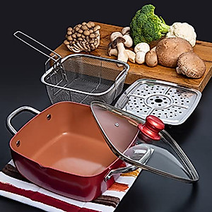 Moss & Stone Copper 5 Piece Set Chef Cookware, Non Stick Pan, Deep Square Pan, Fry Basket, Steamer Tray, Dishwasher & Oven Safe, 5 Quart Copper Pot Set, Red Induction Cookware Set