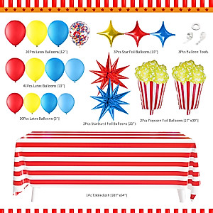 Carnival Party Decorations Circus Theme Birthday Party Supplies Including Red Blue Yellow Balloon Garland Arch Kit Table Skirt Circus Directional Sign Triangle Bunting for Birthday Party