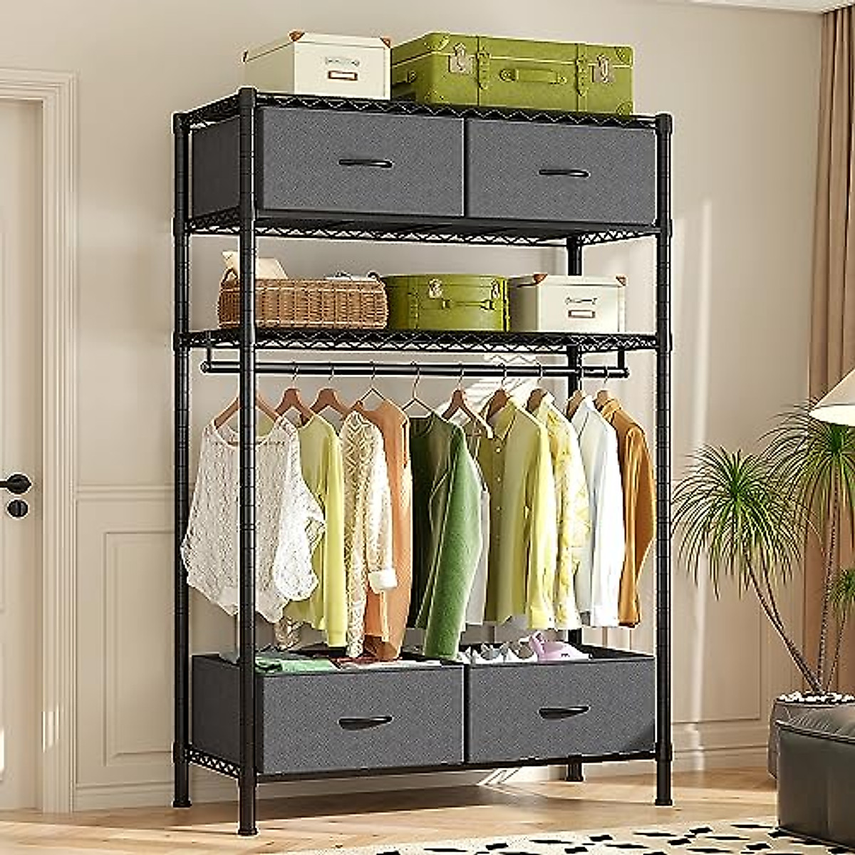 Raybee Clothes Rack, Clothes Racks for Hanging Clothes, Clothing Racks for Hanging Clothes, Clothing Rack Heavy Duty Clothes Rack with Drawers Load 450LBS Wardrobe Closet Rack Garment Rack Black