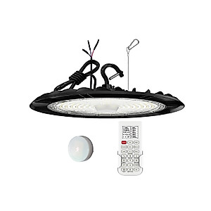 Hylele UFO LED High Bay Shop Light 200W/150W/100W Adjustable 6000K/5000K/4000K Dimmable Commercial Bay Lighting 100-277V Plug&Play, Microwave Motion Sensor with Remote Control