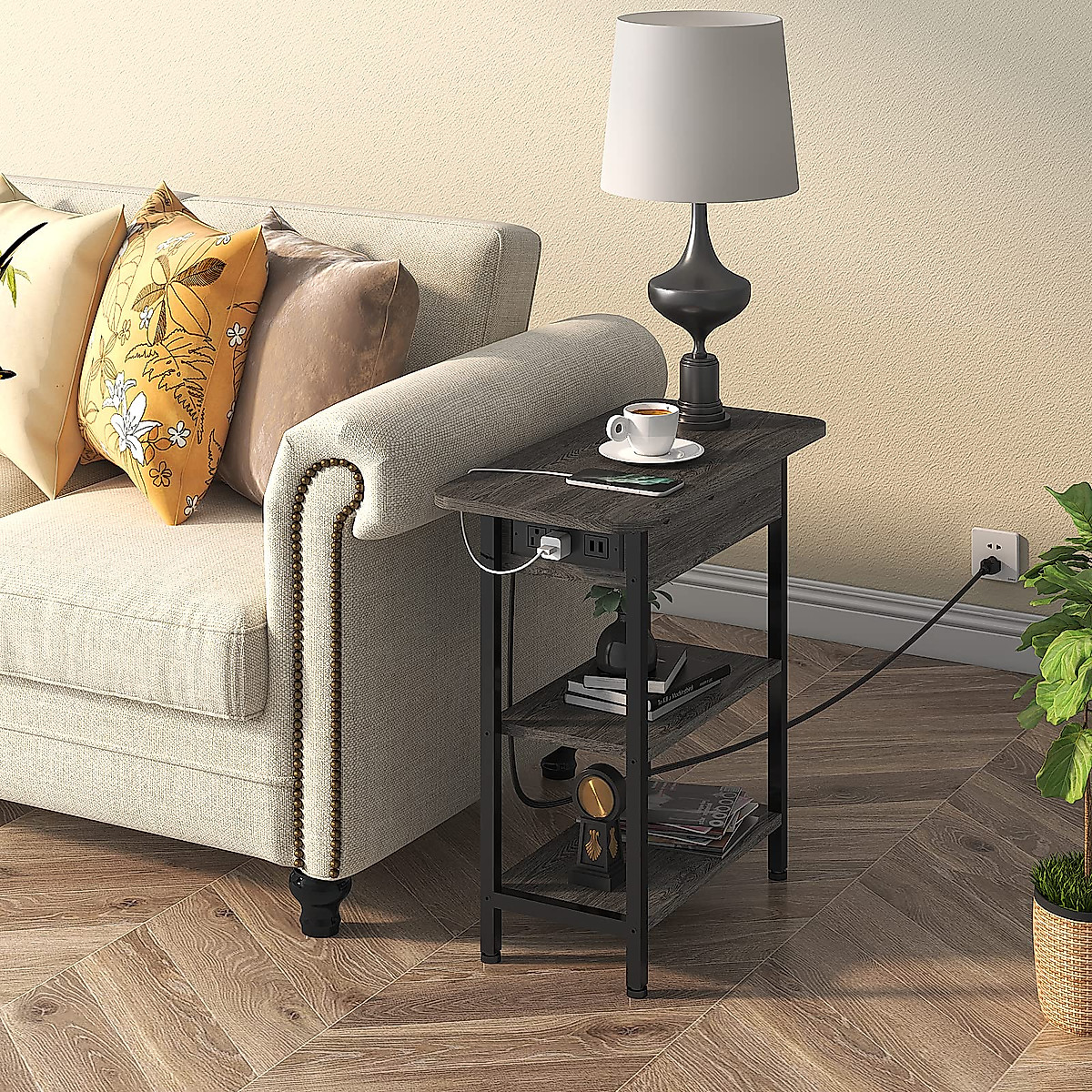 LIDYUK End Table with Charging Station, Set of 2 Flip Top Narrow Side Table for Small Spaces, Nightstands Set of 2 for Bedroom, End Tables Living Room Set of 2 with Storage Shelf, Dark Grey