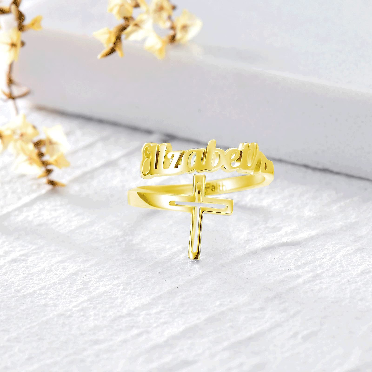 Cross Ring with Personalized Name Open Name Plate Adjustable Custom Ring Gift for Women Teen Girl (Gold, Sterling Silver)
