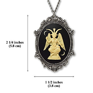 Real Metal Sitting Satanic Baphomet Cameo In Silver Finish Frame Necklace Pendant Ivory on Black