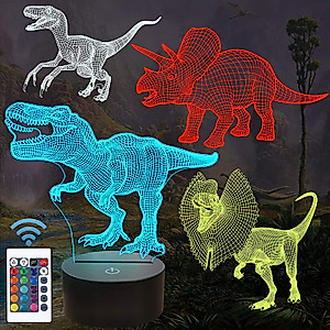 FULLOSUN Dinosaur Gifts, T-rex Dinosaur 3D Night Light for Kids (4 Patterns) with Remote Control & 16 Colors Changing & Dimmable Function & Gift Wrap, Xmas Birthday Gifts for Boy Girl