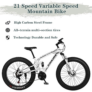 Fat Tire Mountain Bike, 26'' 21 Speed Outdoor Snow Beach Hybrid MTB Racing Bikes for Adult Women Men, Comfort Complete Cruiser Bicycle, Lightweight City Commuter Road Cycling, Dual Disc Brakes (F)