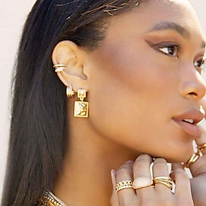 Ettika Gold Earrings. Earrings For Women, 18k Gold Plated Textured Repeated Squares Drop Earrings. Jewelry