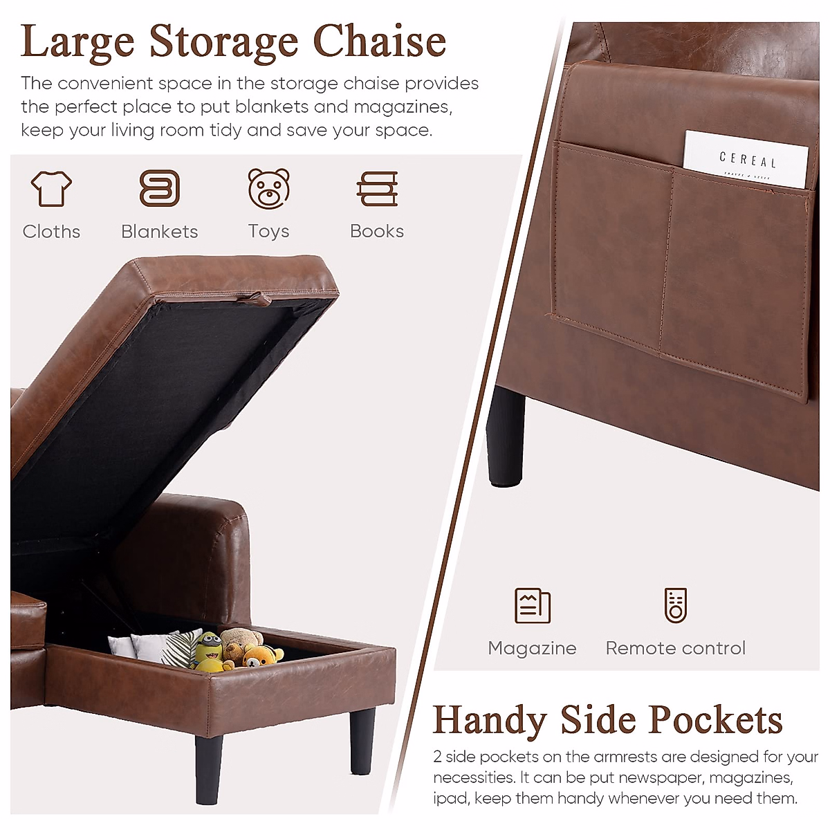 Deolme Pull Out Sleeper Sofa Bed with Storage Chaise Lounge, Modern Sleeper Couch with Side Pocket, Comfy 3 Seat Sofa Couch for Living Room, Bedroom, Home Office (Brown PU)