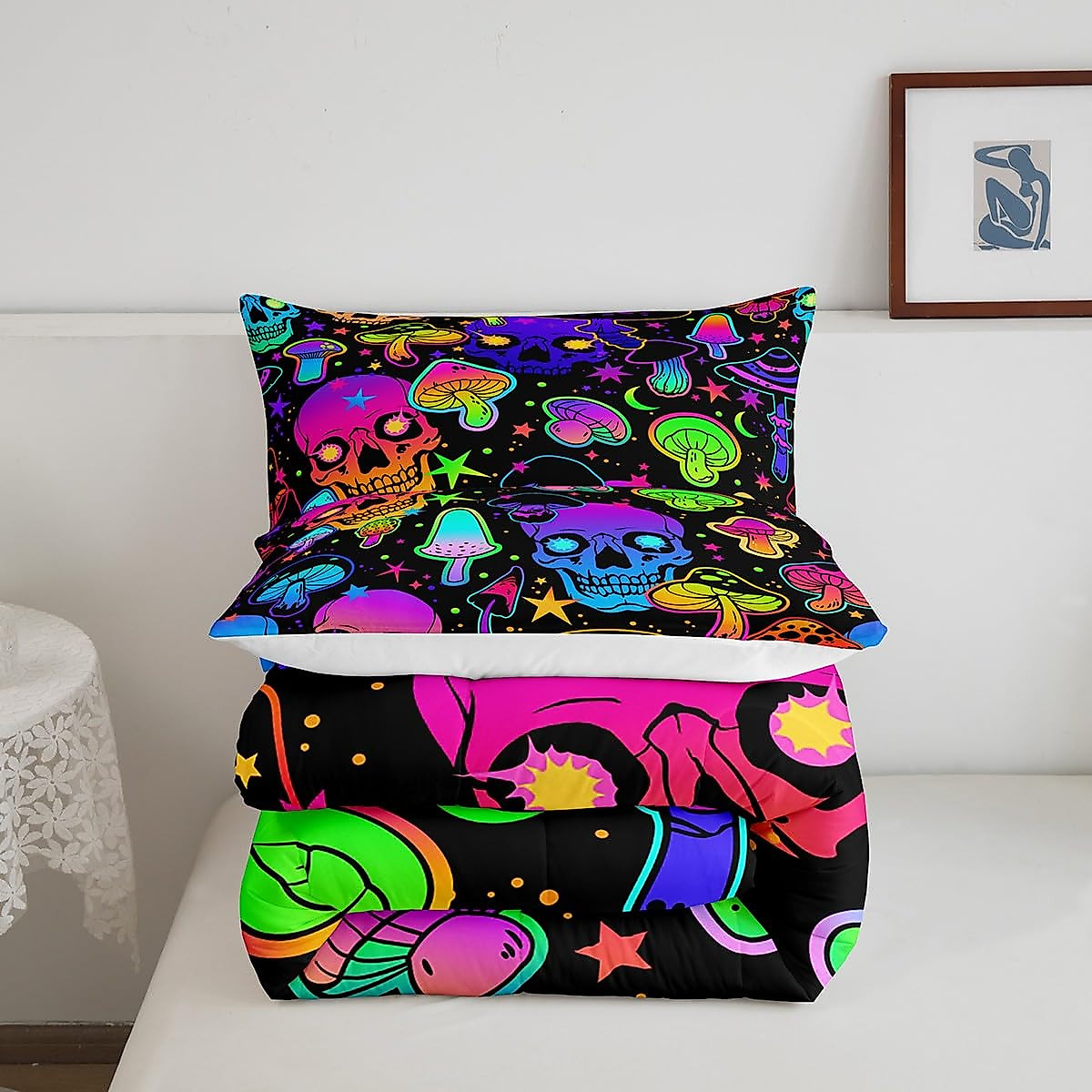 Feelyou Halloween Bedding Set Kids Sugar Skull Comforter Set Mushroom Comforter for Room Decor Lightweight Fluorescent Style Duvet Set with 1 Pillow Case