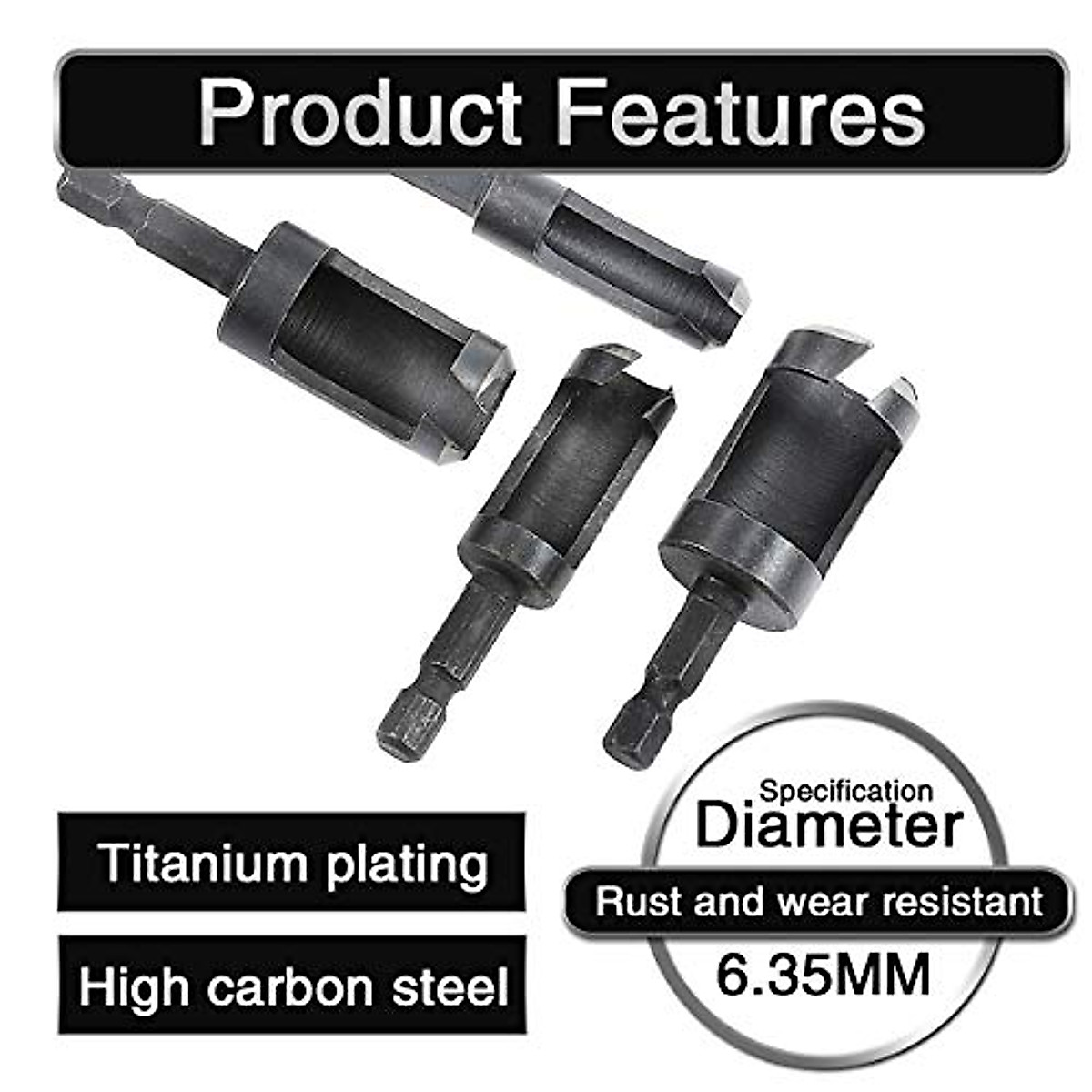 HOHXEN 4pcs Hex Shank Drill Bit Set Plug Wood Cutter Tool Woodworking Tenon for Counter Bored Holes Drill Bits Set