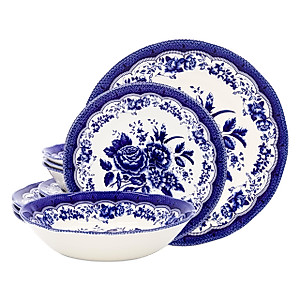 TUDOR ROYAL 12-Piece Porcelain Round Dinnerware Set, Service for 4, VICTORIA BLUE Design, Blue Floral, Plates Bowls Dishes, Premium Quality Tableware, Unique Pattern, Glossy