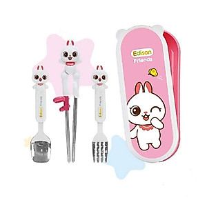 Edison Friends Spoon + Chopstick + Folk + Wide Case 4P Set for Right Hand Use, Rabbit, Soft Silicone Ring, Hygienic Stainless Steel