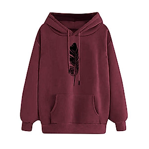 Women Casual Hoodies Hooded Sweatshirts Long Sleeve Hooded Pullover with Front Pocket Solid Pullover Hoodies Wine
