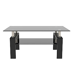 Tempered Rectangle Glass Coffee Tables with Metal Legs, Clear Coffee Table, Modern Side Center Tables for Living Room, 39.37" x 23.62" x 17.7" cm, Black