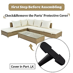 BIADNBZ 3-Piece Outdoor Rattan Sectional Sofa Furniture Set, All Weather PE Wicker Patio Couch with Adjustable Chaise Lounge Frame and Tempered Glass Table, Natural Brown+ Beige Cushion