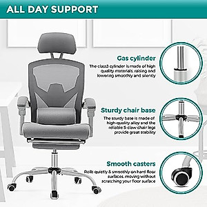 OLIXIS Gaming Ergonomic Foot Rest Reclining, High Back Mesh Home Office Computer Desk Chair with Wheels, Adjustable Headrest, Grey