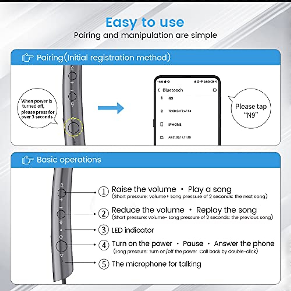 Glazata Wireless Headphones Neckbands with Magnetic Earbuds Sports Earphones aptX & aptX-LL Stereo Wireless Headphones for Workouts 「Grey」