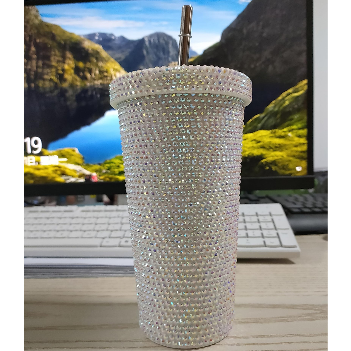Studded Bling Diamond Tumbler Glitter Water Bottle with Lid Stainless Steel Vacuum Thermal Straw Tumbler Rhinestone Tumbler with 1pc Straw 2pcs Brushes for Girls Women (500ml-silver)