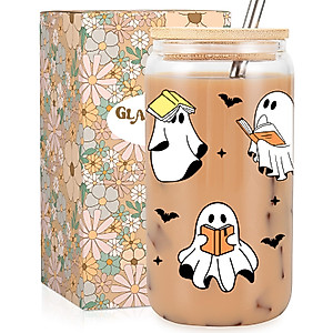 Fairy's Gift Ghost Reader Halloween Cup, Cute Halloween Spooky Gifts for Book Lovers, 16 oz Iced Coffee Cup with Lid Straw, Book Themed, Bookworm, Bookish Gifts for Women Book Lover Librarian