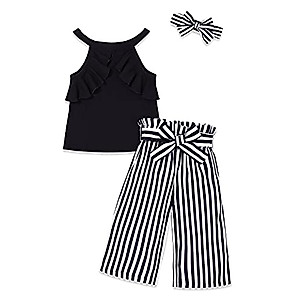 MIGU Girls Clothes Size 5T-6T Girls Clothes Summer Outfits black Sleeveless T-shirt Top + Stripe Pants + Headband 3Pcs Kids Girls Clothes Little Girl Clothes Size 5t 6t