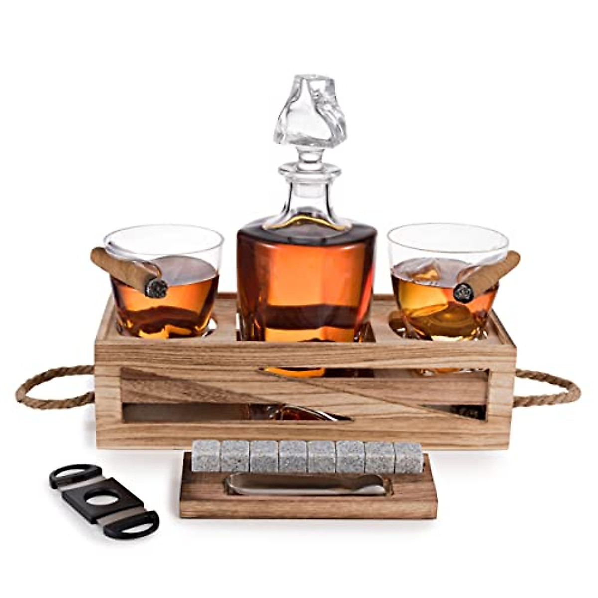 Whiskey Decanter Gift Set - Husband Birthday Gifts Chilling Rocks Stones Scotch Bourbon Holder – 2 Whiskey Glasses - Perfect Whiskey Decanter Set for Scotch Alcohol Bourbon Gift for Men Dad Boyfriend