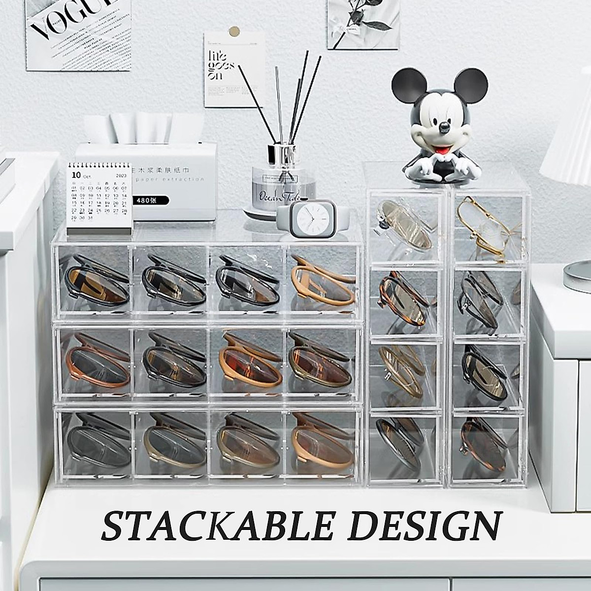 Kenpal Sunglasses Organizer for Multiple Pairs, Acrylic Stackable Glasses Holder with 4 Drawers, Transparent Eyeglass Case (1)