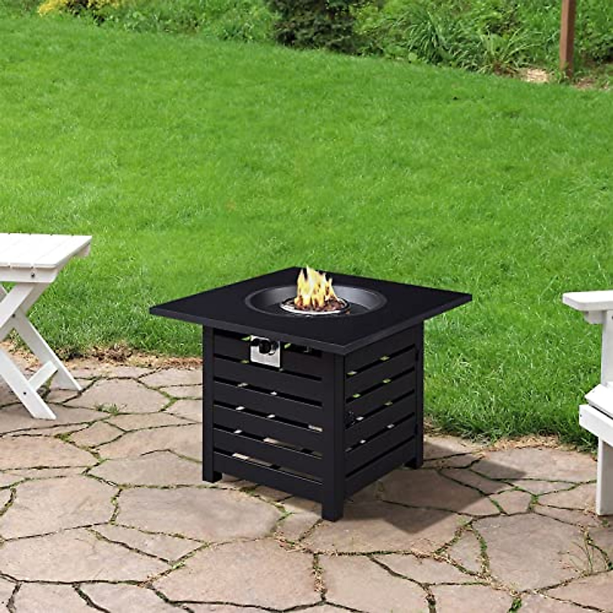 Outdoor Patio Fire Pit Table, 40,000 BTU Square Metal Propane Gas Firepit with Tabletop and Lava Rock for Outside Garden Backyard Deck Patio, 31.77 Inch Black