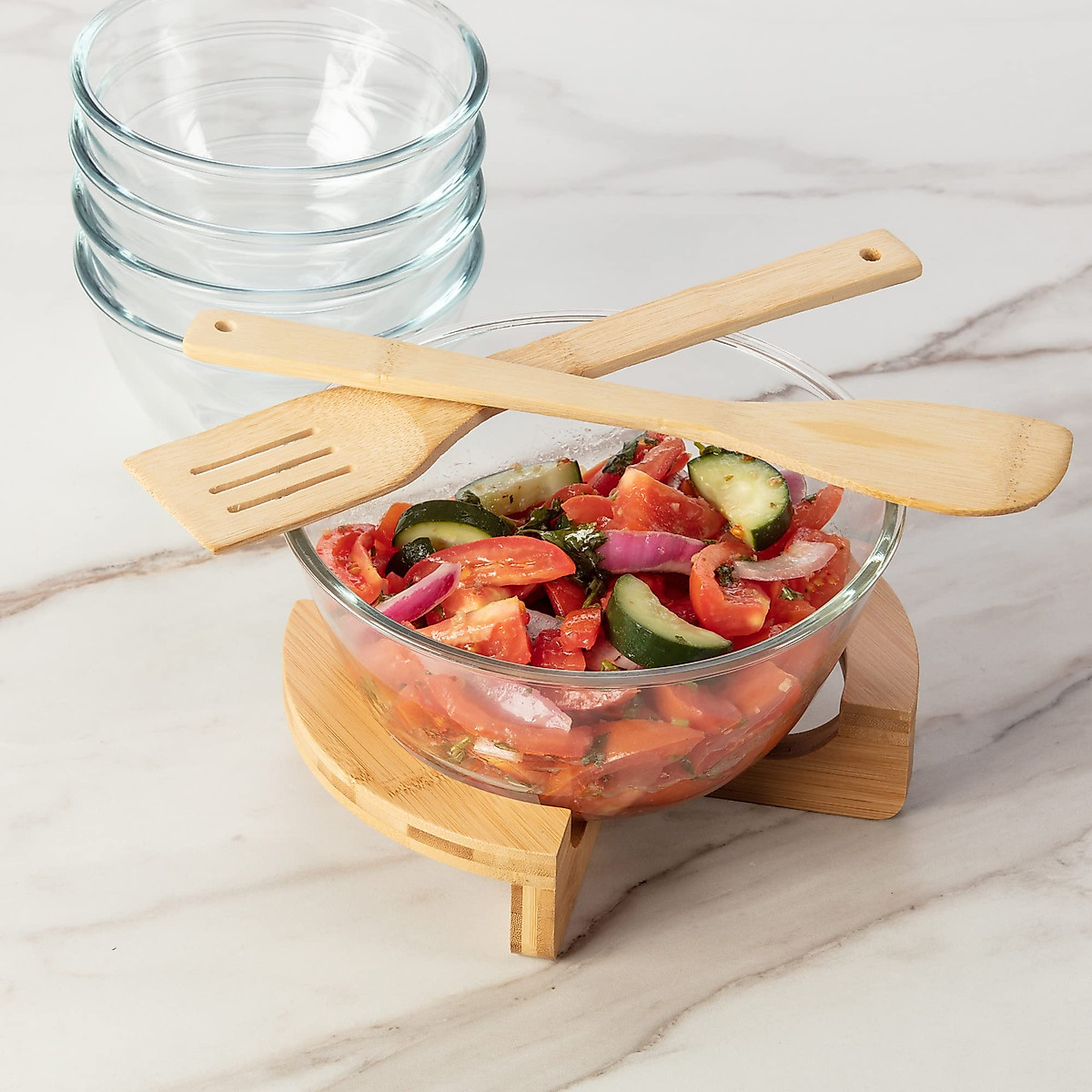 Kitchen Affections | 5pc Glass Salad Bowl Set with Serving Utensils | and Bamboo Pedestal Base | Glass Reusable Dinnerware | Durable Glass Dinner Bowls | Eco Friendly Bowls