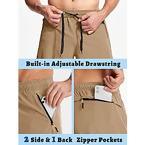 TACVASEN Athletic Shorts for Men Lightweight Quick Dry Running Gym Basketball Hiking Khaki Short with 3 Zipper Pockets