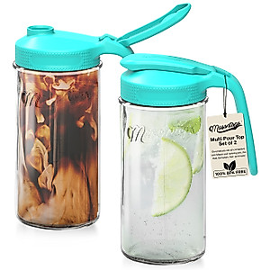 Masontops Multi Top Pitcher Set - Glass Pitcher With Lid & Spout - Elegant Sun Tea Jar - Cold Brew Mason Jar With Handle - 2 X 24 Ounce Wide Mouth Iced Coffee Bottle - Liquid & Food Storage Container
