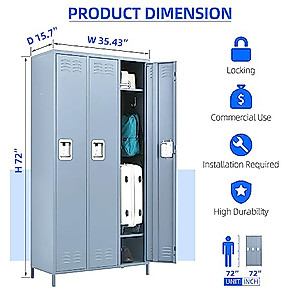 SUXXAN 3 Doors Metal Locker Combination with 6 Hooks,Industries Storage Metal Locker for School Office Gym Home Employees Staff Sundries Room W35.43*D15.7*H72(Light Grey)