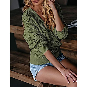 MEROKEETY Womens Deep V Neck Wrap Sweaters Long Sleeve Crochet Knit Pullover Tops, Army Green, Large