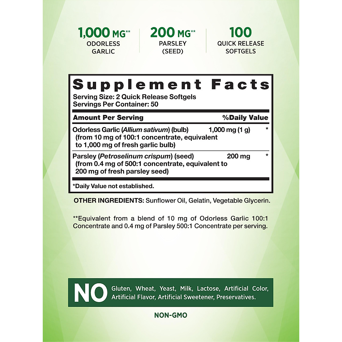 Nature's Truth Odorless Garlic and Parsley | 1200mg | 100 Softgel Capsules | Non-GMO & Gluten Free Extract Supplement
