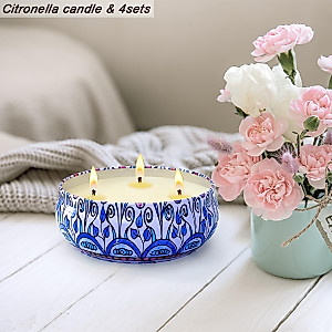 Indoor Citronella Candle, 4 x 14 oz 3 Wick, Outdoor Portable Travel Jar Candle, Powerful Lemongrass Essential Oil Soy Wax for Garden, Patio, Deck, Camping, Porch