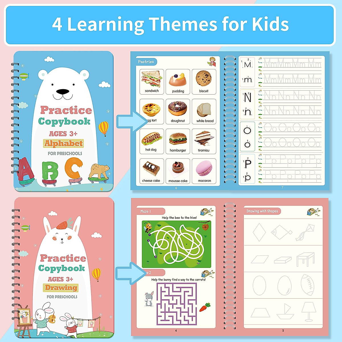 Learn-Journey Upgraded Large Size Magic Practice Copybook for Kids, Handwriting Practice Workbook, Reusable Writing Practice Book for Preschools(4 Books with Pens)-Blue Bag