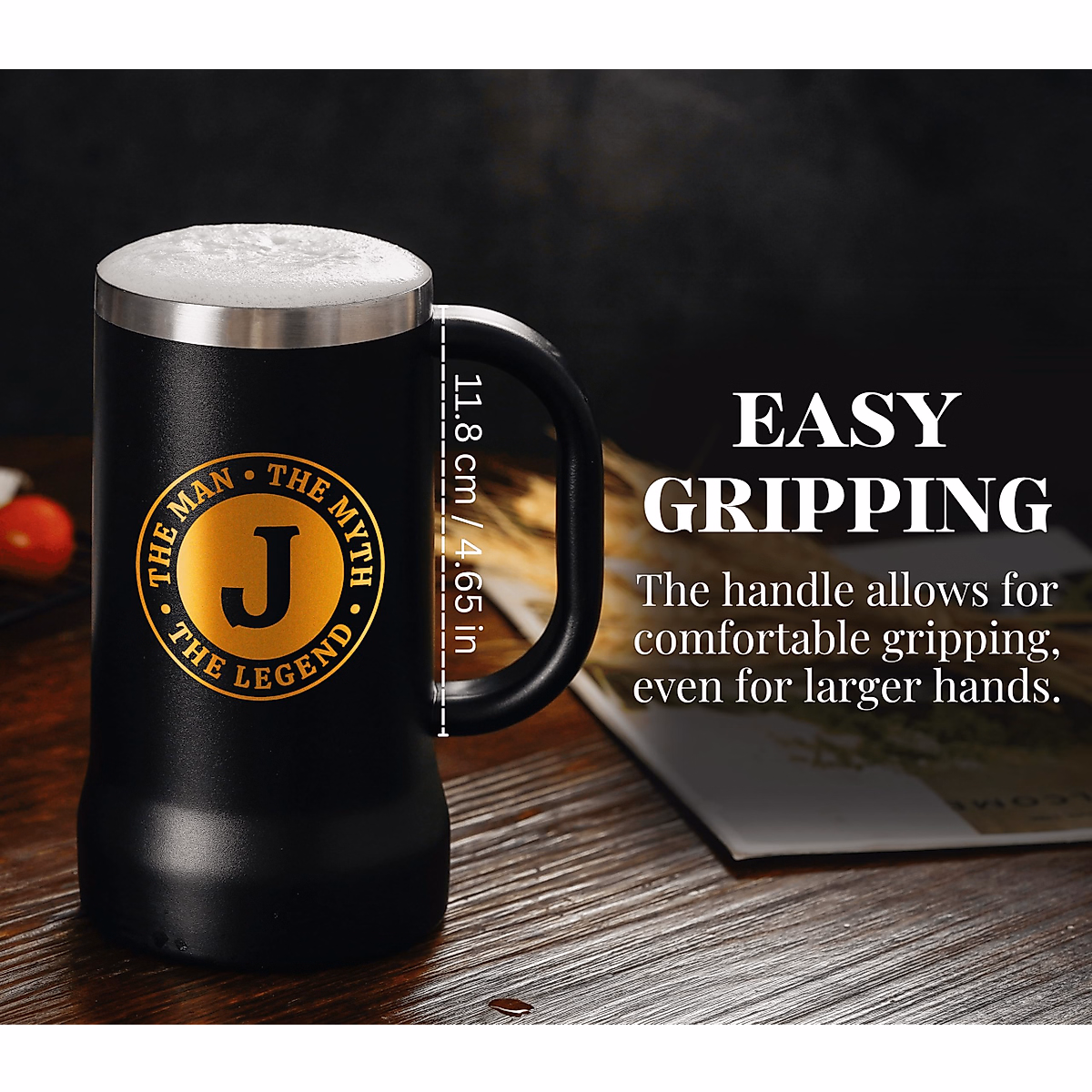 Onebttl Personalized Travel Mug with Handle, Beer Stein for Men, Funny Custom Alcohol Gifts for Beer Lovers, Unique Birthday Christmas Gifts for Him, the Man the Myth the Legend, F