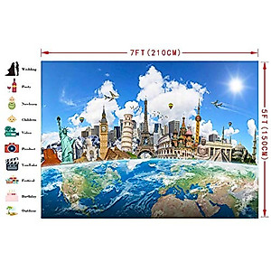 World Map Global Travel Backdrop 7x5ft Worldwide Famous Landmark Buildings Photography Background Newyork and Paris Eiffel Tower Backdrop Wallpaper Photo Booth Studio Props CHE005 LELEZ